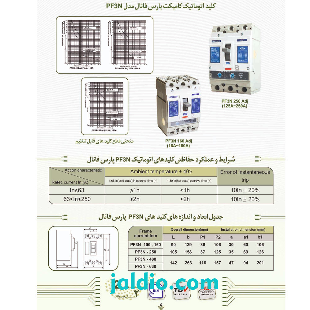 قیمت و خرید کلید اتوماتیک قابل تنظیم 63 آمپر پارس فانال قدرت قطع 50 کد PF3N 160-63A adj - جلدیو ...